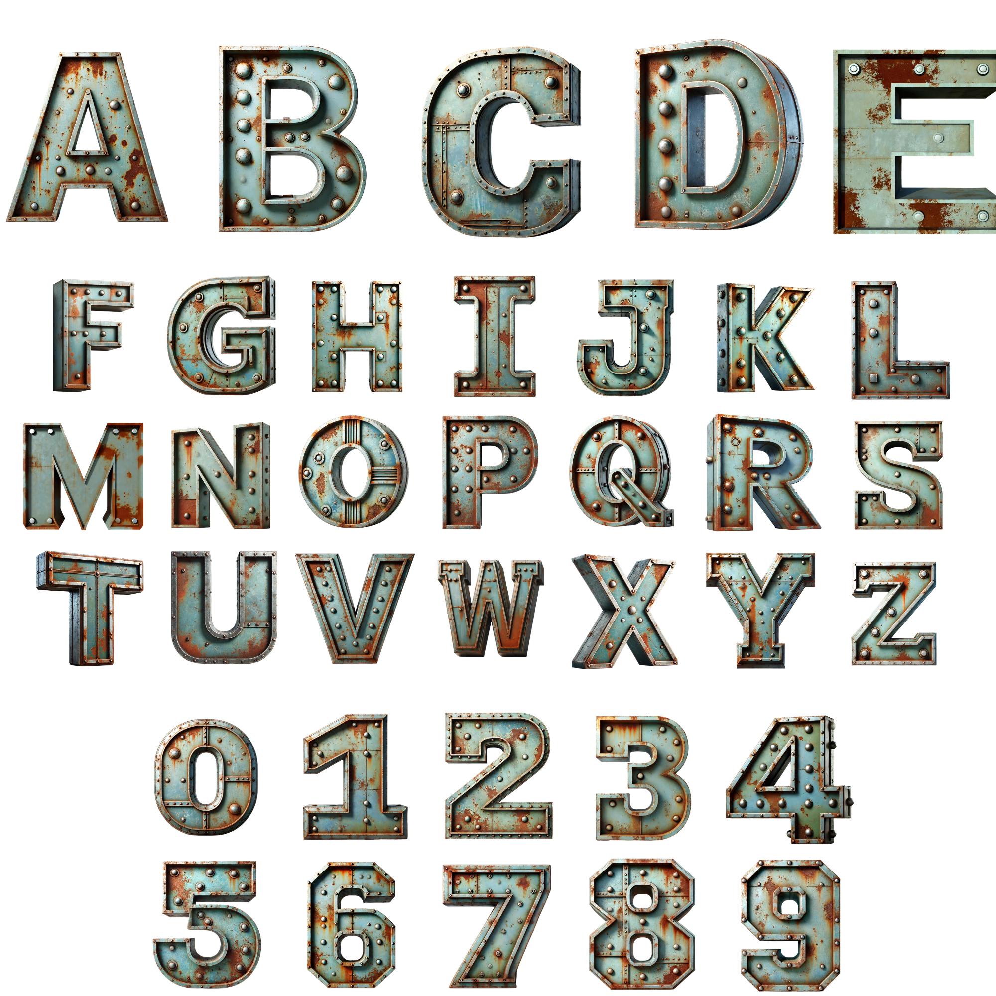 Rusty Alphabet & Numbers Clipart – 36 PNG Set for Steampunk, Industrial ...