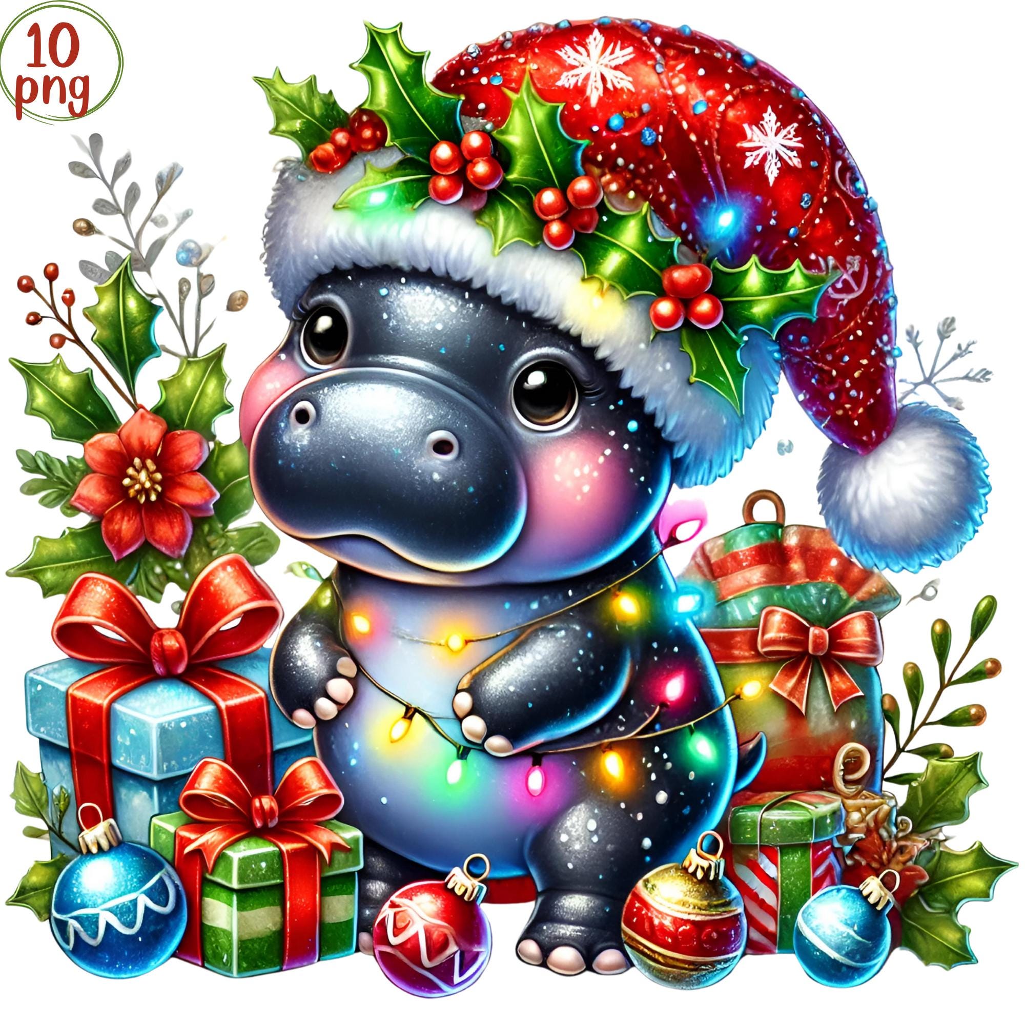 Christmas Hippo Clipart – 10 PNG Watercolor Set for Holiday Crafts ...
