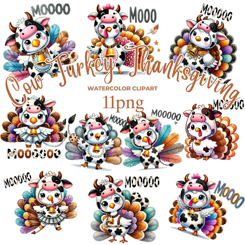Cow Turkey Thanksgiving Clipart | Cute Fall Farm Animal PNG | Moo ...