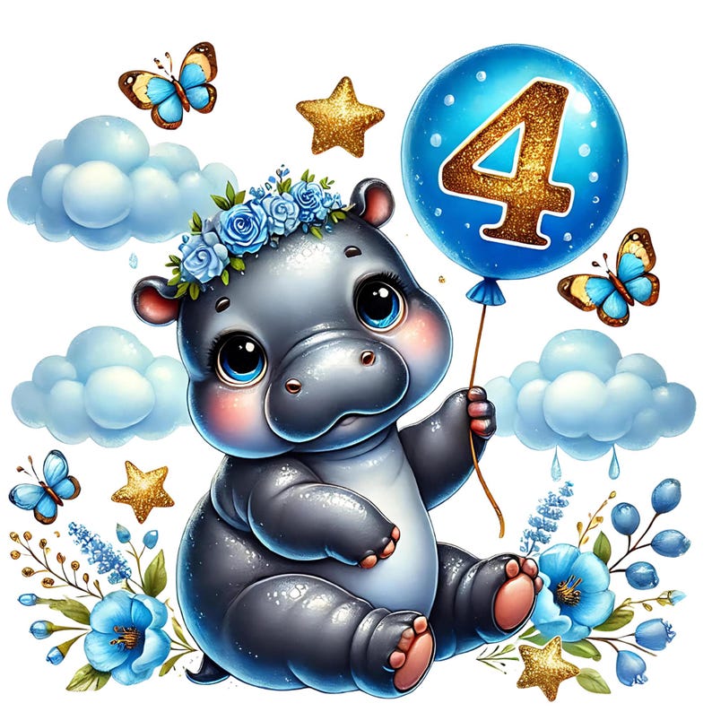 Blue Birthday Moo Deng Clipart – 10 PNG Watercolor Set for Baby Shower ...