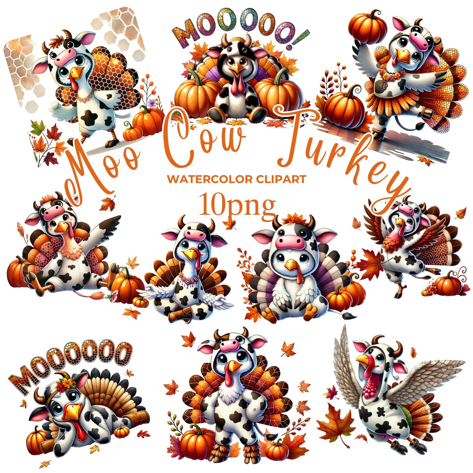 Moo Cow Turkey Clipart | 10 PNG Thanksgiving Sublimation | Fall Farm ...