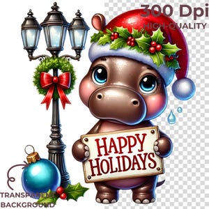 Christmas Hippo Clipart – 10 PNG Watercolor Set for Holiday Crafts ...
