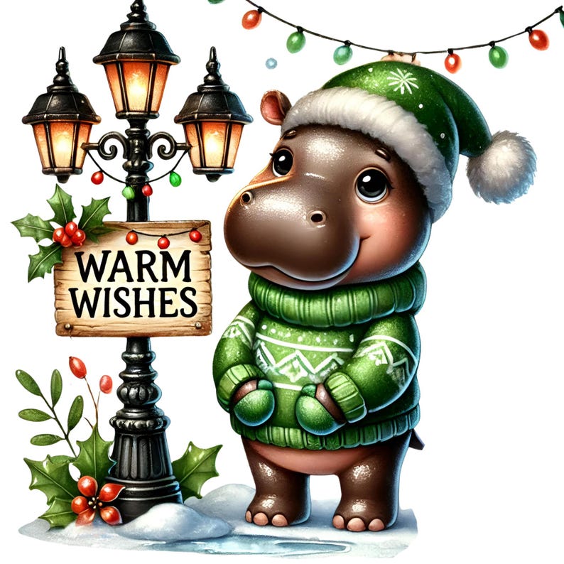 Christmas Hippo Clipart – 10 PNG Watercolor Set for Holiday Crafts ...
