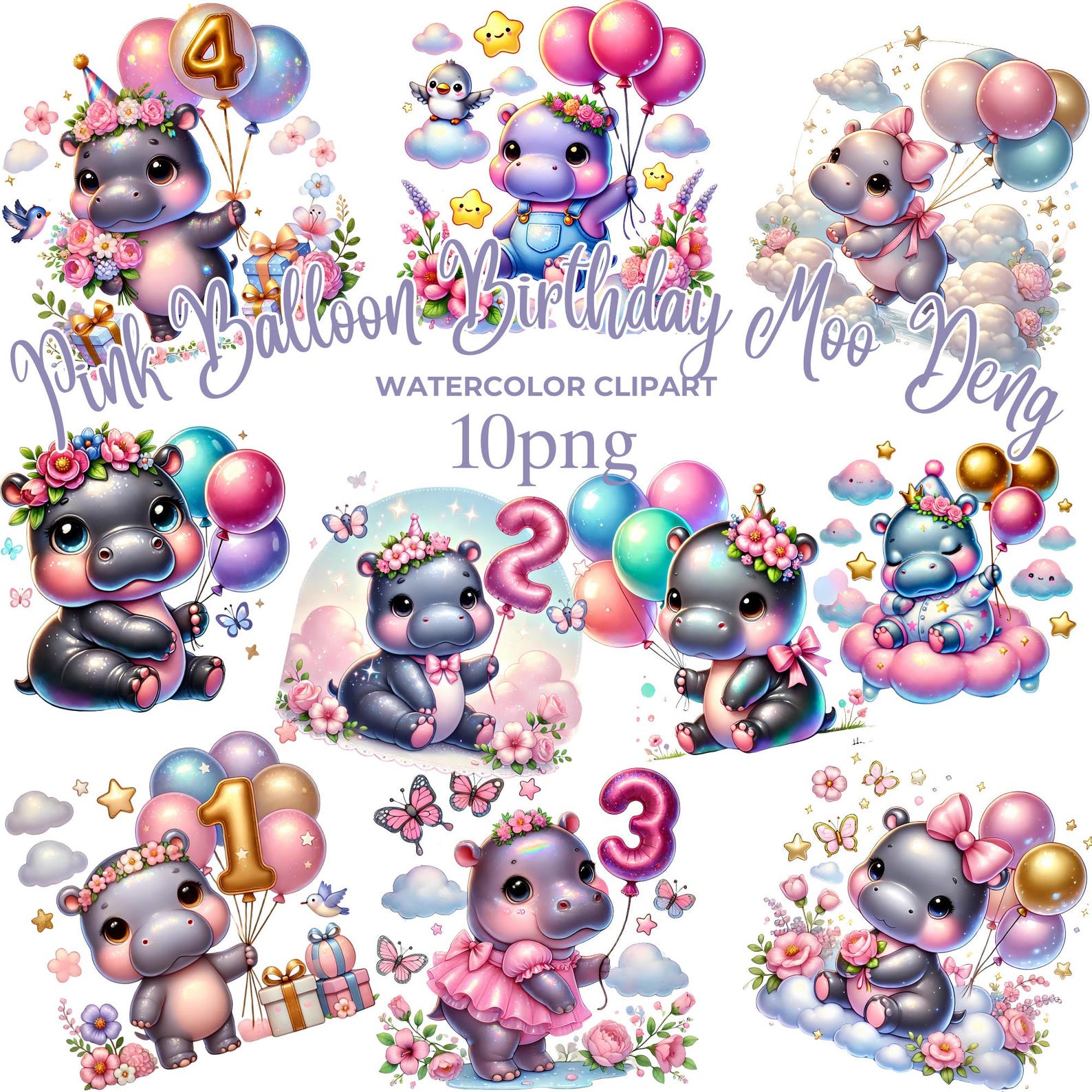 Birthday Moo Deng Clipart – 10 PNG Watercolor Set for Party Crafts ...