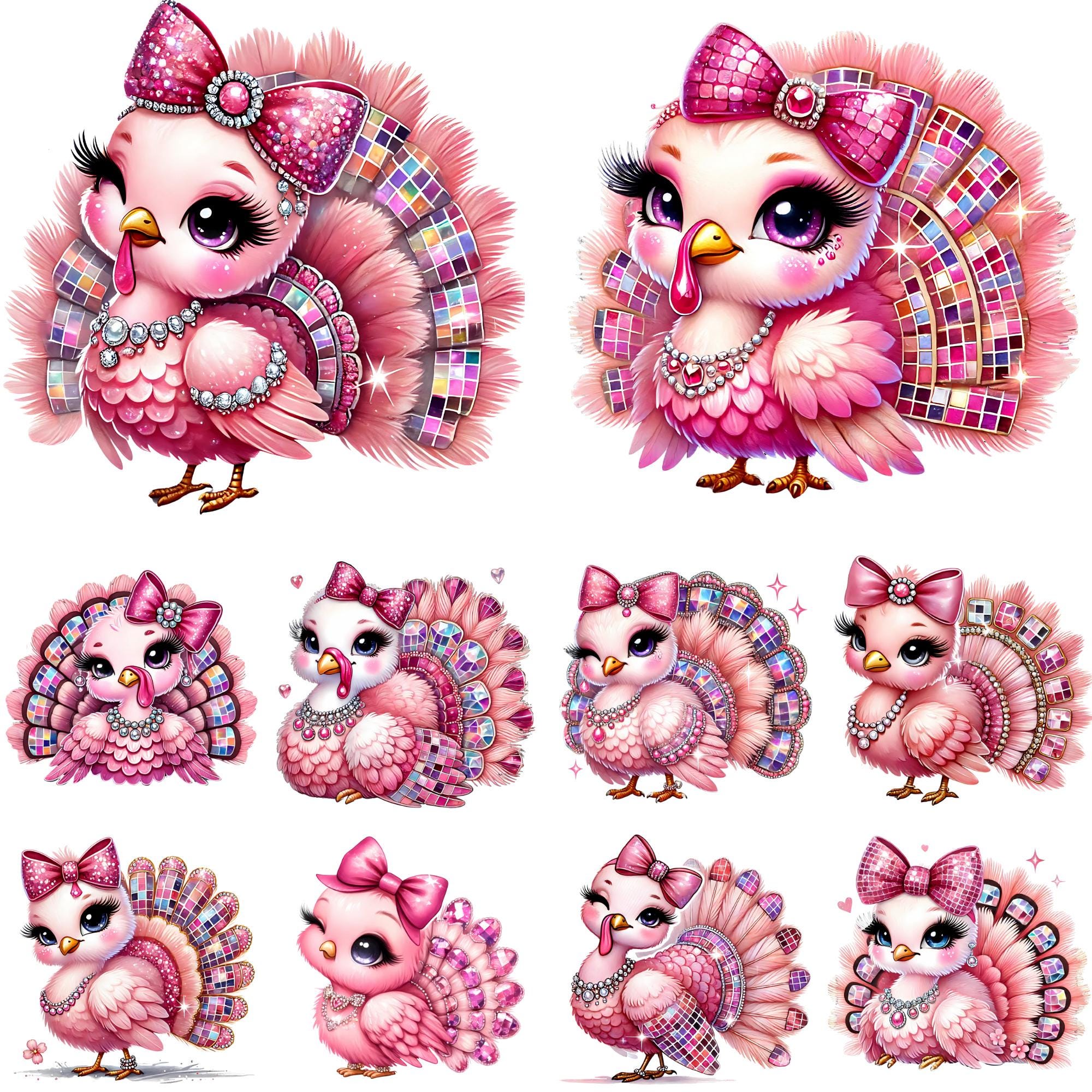 Pink Glam Turkey Clipart – 10 PNG Watercolor Thanksgiving Digital Art ...