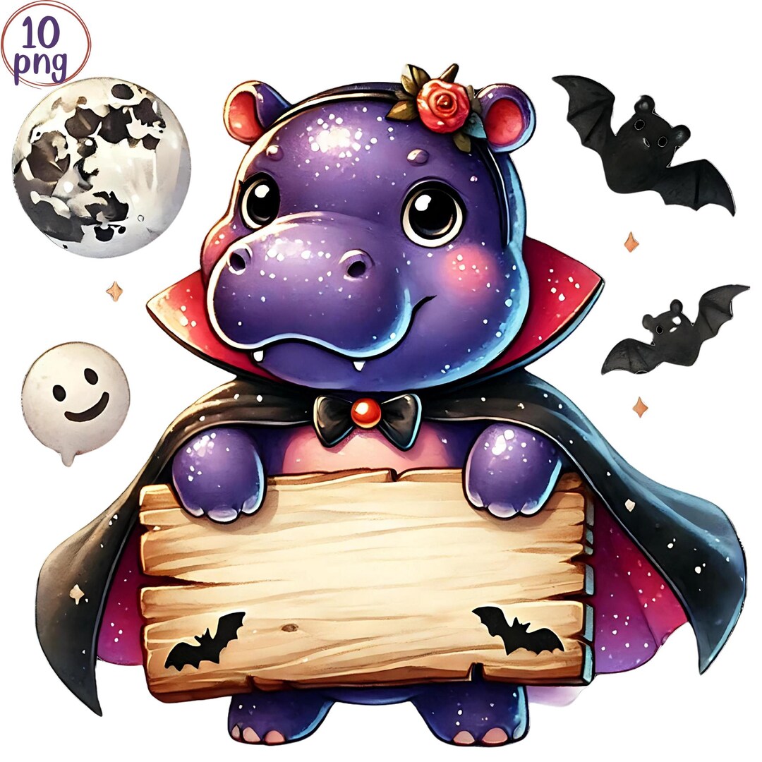 Halloween Hippo Wood Sign Clipart – 10 PNG Watercolor Set for Spooky ...