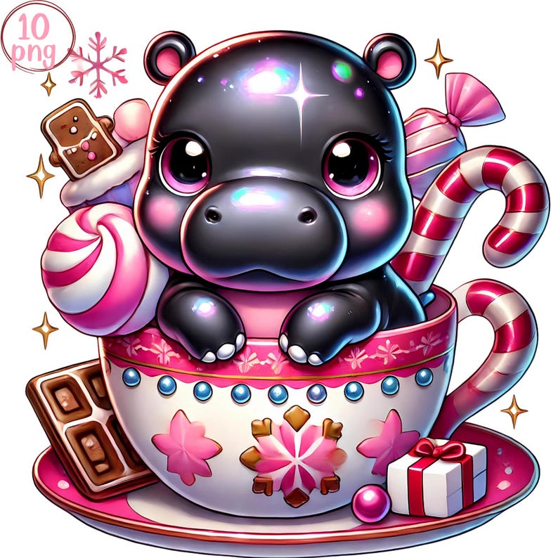 Hot Chocolate Moo Deng Clipart – 10 PNG Watercolor Set for Christmas ...