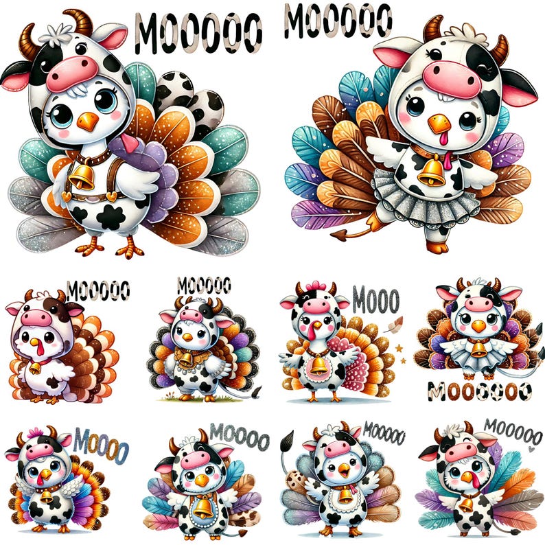 Cow Turkey Thanksgiving Clipart | Cute Fall Farm Animal PNG | Moo ...