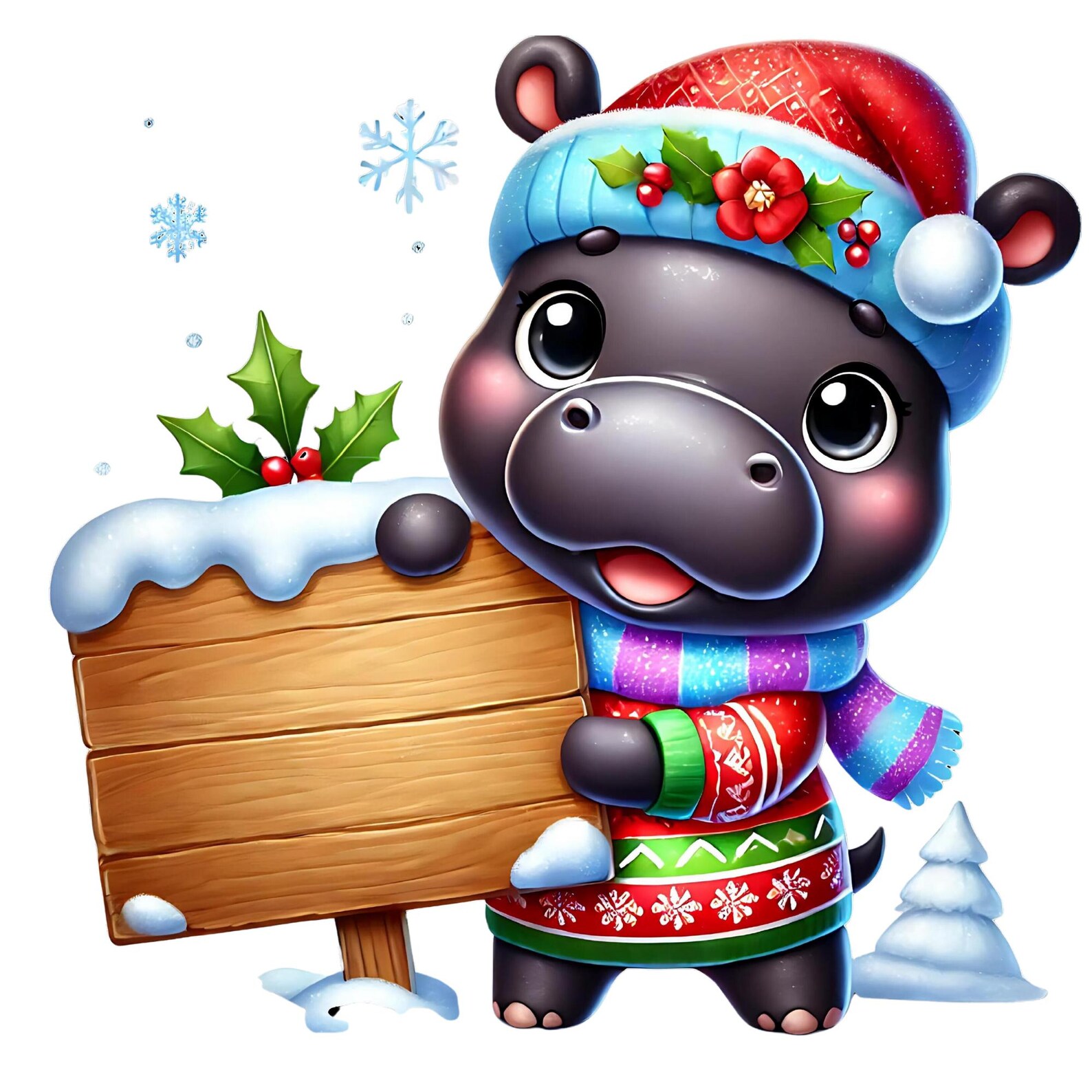 Moo Deng Christmas Wood Sign Clipart 10 Adorable Watercolor Pngs for ...