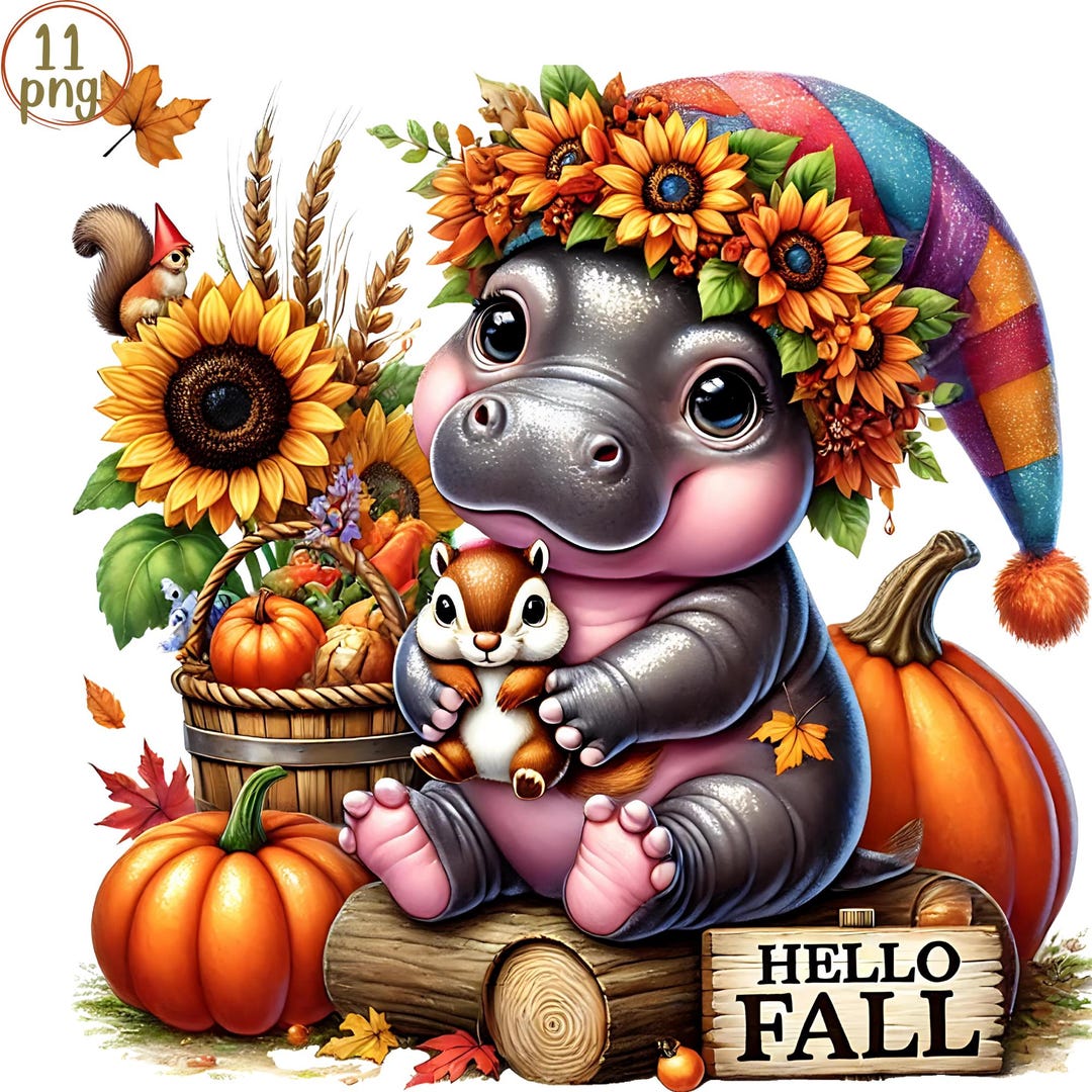 Hello Fall Moo Deng Clipart – 11 PNG Watercolor Set for Autumn Crafts ...