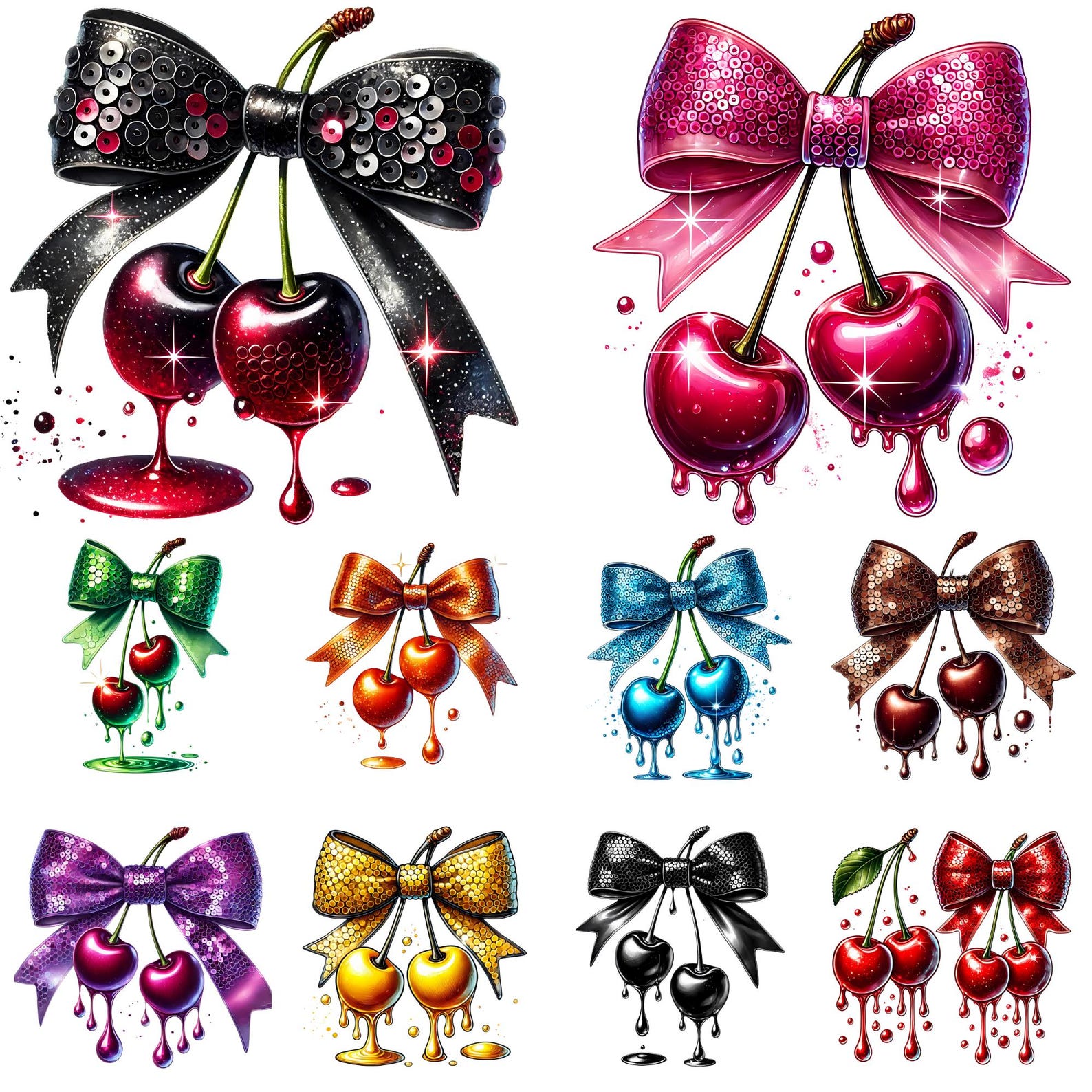Watercolor Dripping Cherries Clipart – Glam Cherry Bow Designs (10 PNG ...