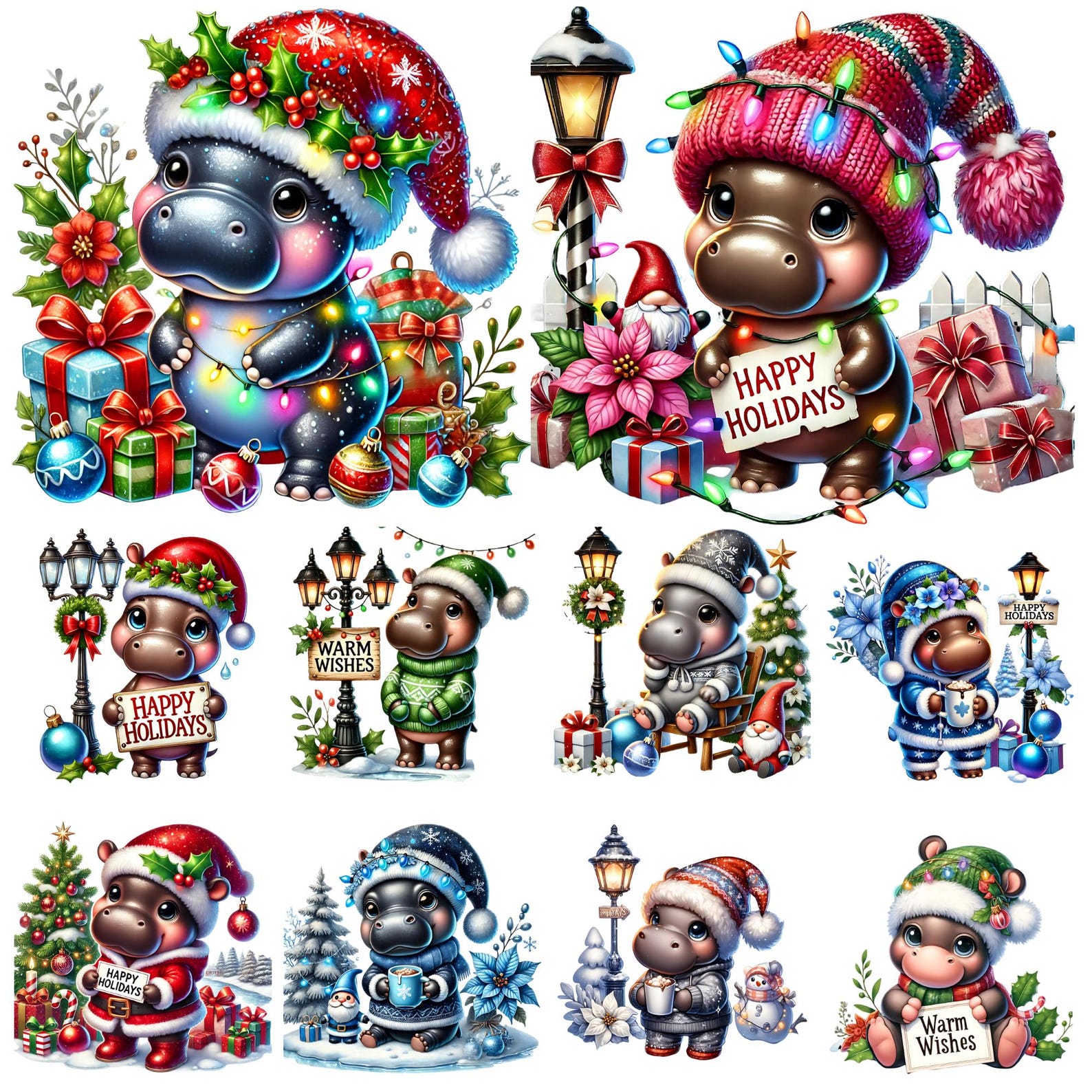 Christmas Hippo Clipart – 10 PNG Watercolor Set for Holiday Crafts ...