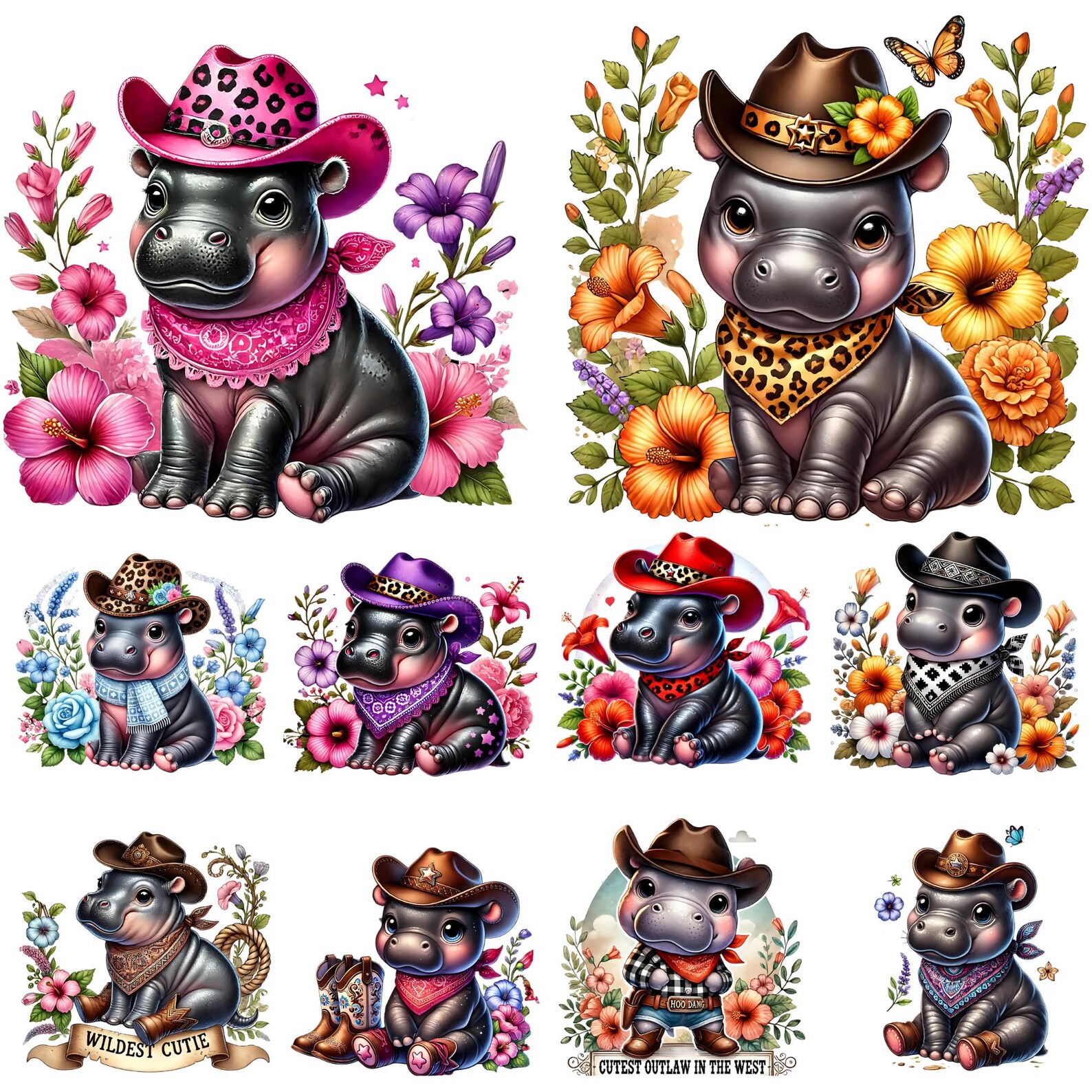 Cowboy Moo Deng Clipart – 10 PNG Watercolor Set for Western Crafts ...