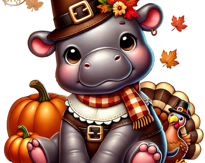 Thanksgiving Moo Deng Clipart Bundle 10 Adorable Watercolor Hippo Pngs ...