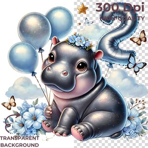 Blue Hippo Birthday Clipart – Watercolor PNG Set (digital Download) - Etsy