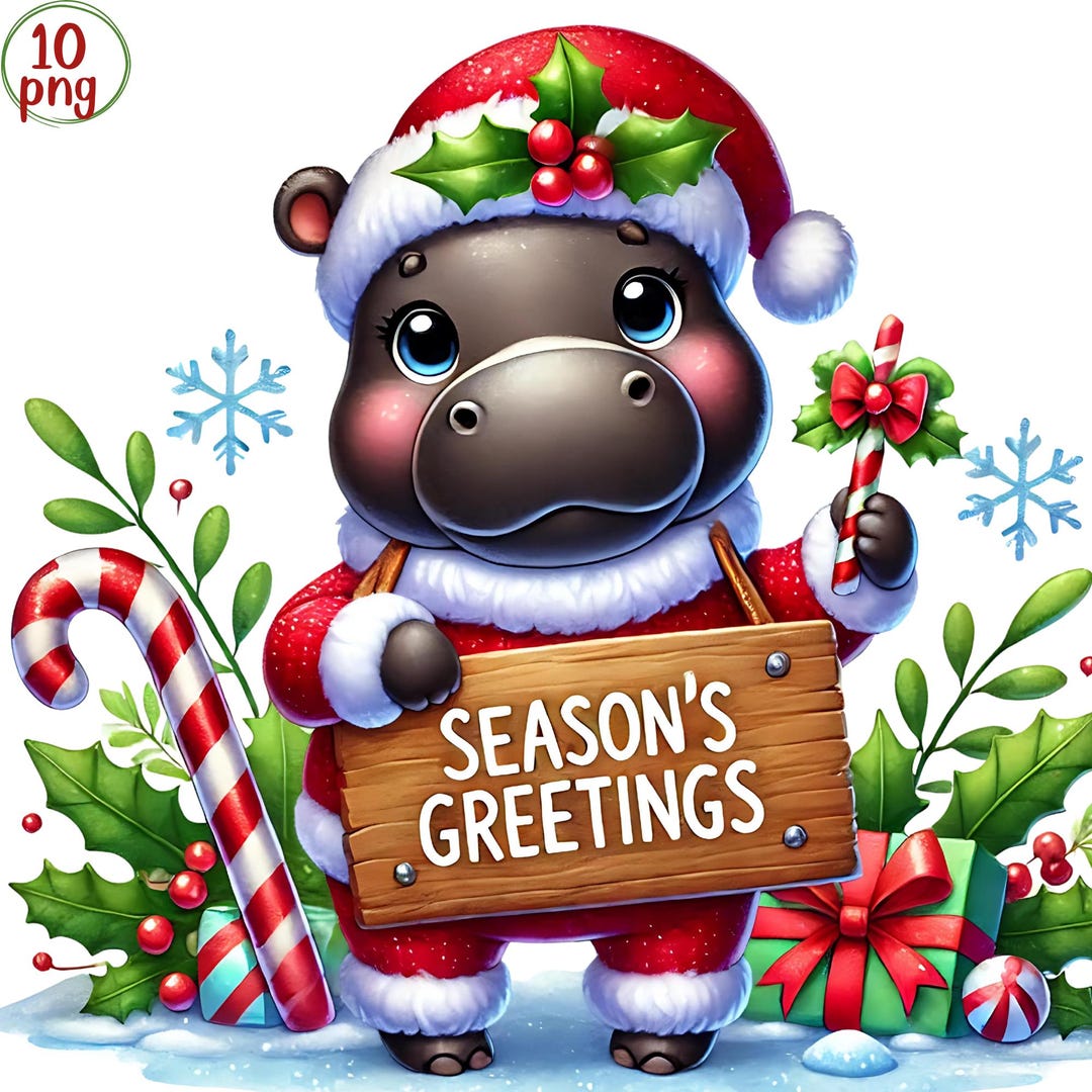 Christmas Moo Deng Wood Sign Clipart – 10 PNG Watercolor Set for ...