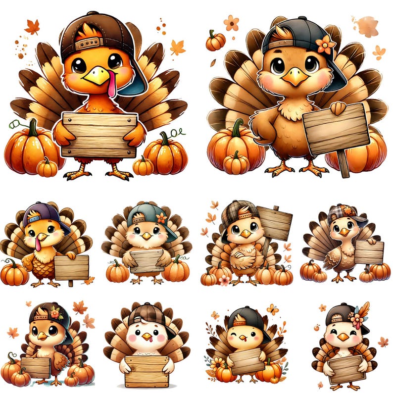 Cute Turkey Clipart – 10 PNG Watercolor Set for Thanksgiving Crafts and ...