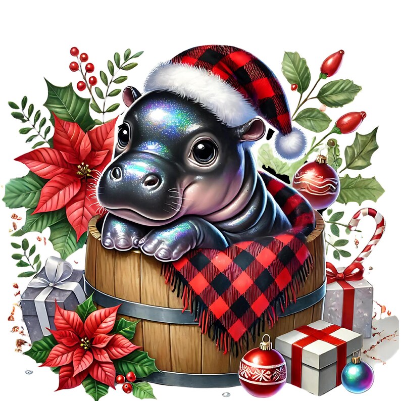 Christmas Bucket Moo Deng Clipart – 11 PNG Watercolor Set for Holiday ...