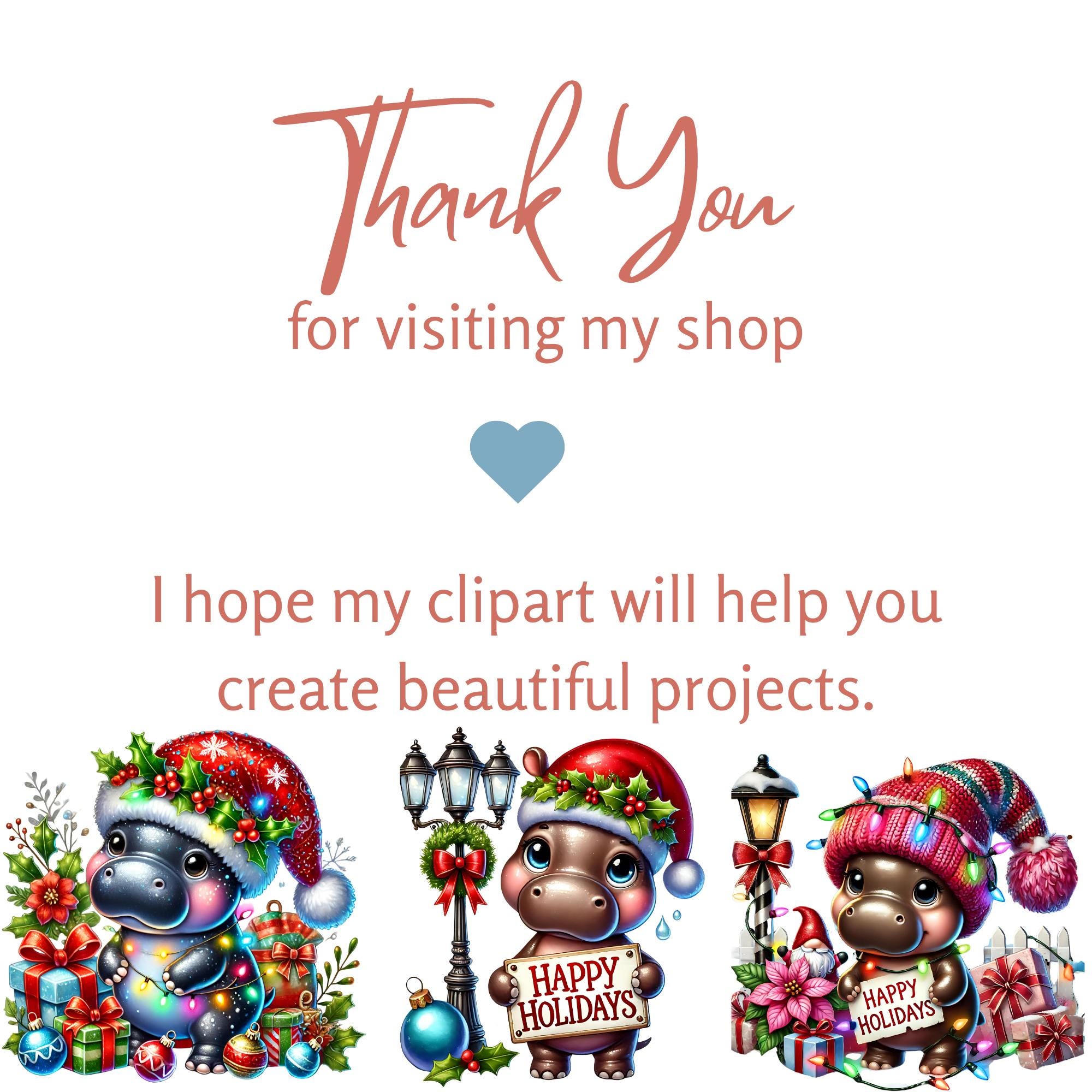 Christmas Hippo Clipart – 10 PNG Watercolor Set for Holiday Crafts ...