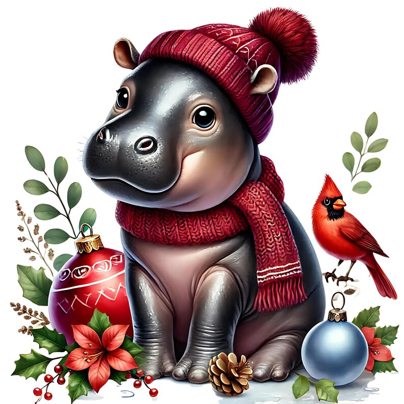 Christmas Moo Deng Clipart – 10 PNG Watercolor Set for Holiday Crafts ...