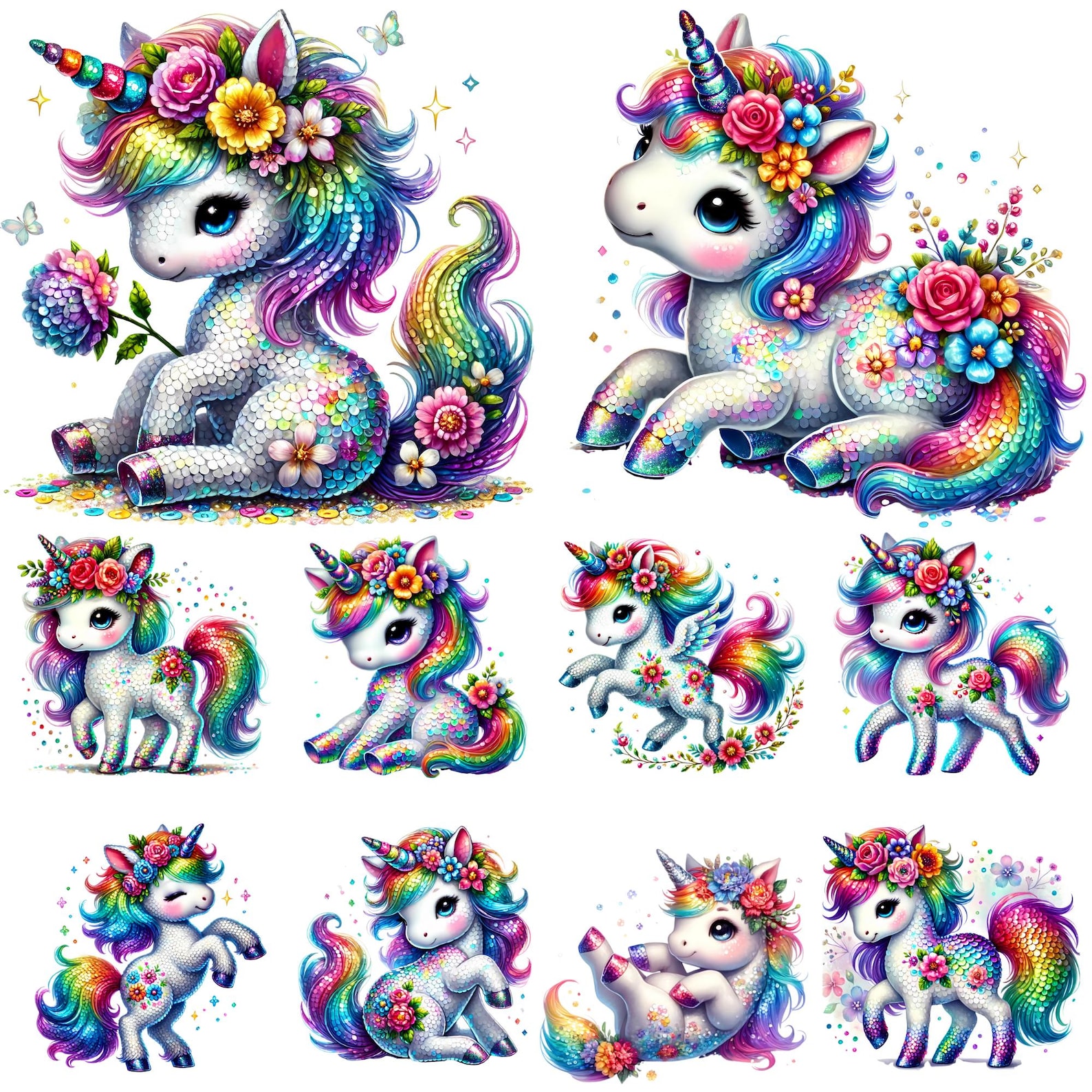 Rainbow Unicorn Clipart – 10 PNG Watercolor Set for Kids Crafts, Party ...