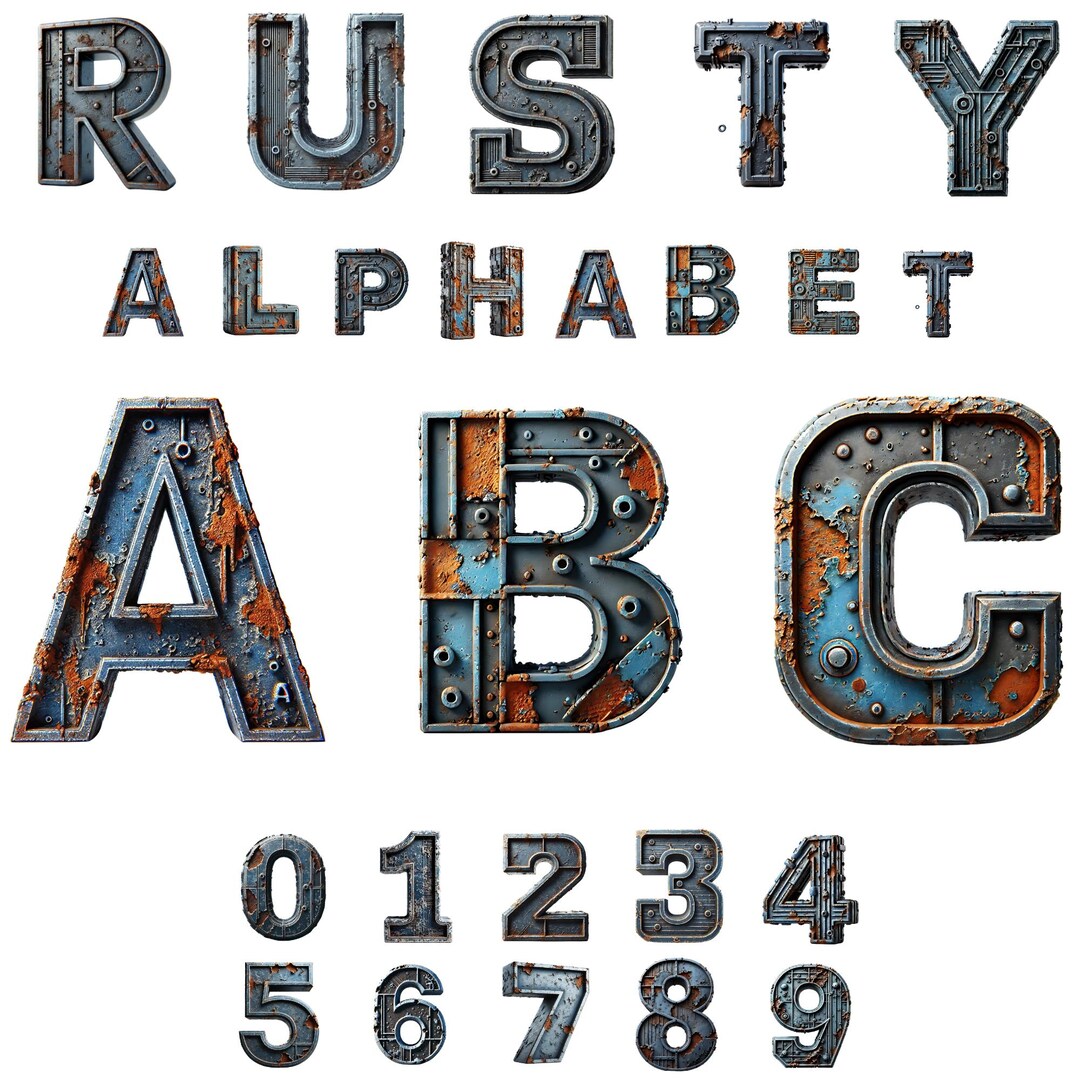 Blue Rusty Alphabet & Numbers Clipart – 36 PNG Set for Steampunk ...