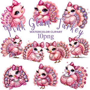 Pink Glam Turkey Clipart – 10 PNG Watercolor Thanksgiving Digital Art ...