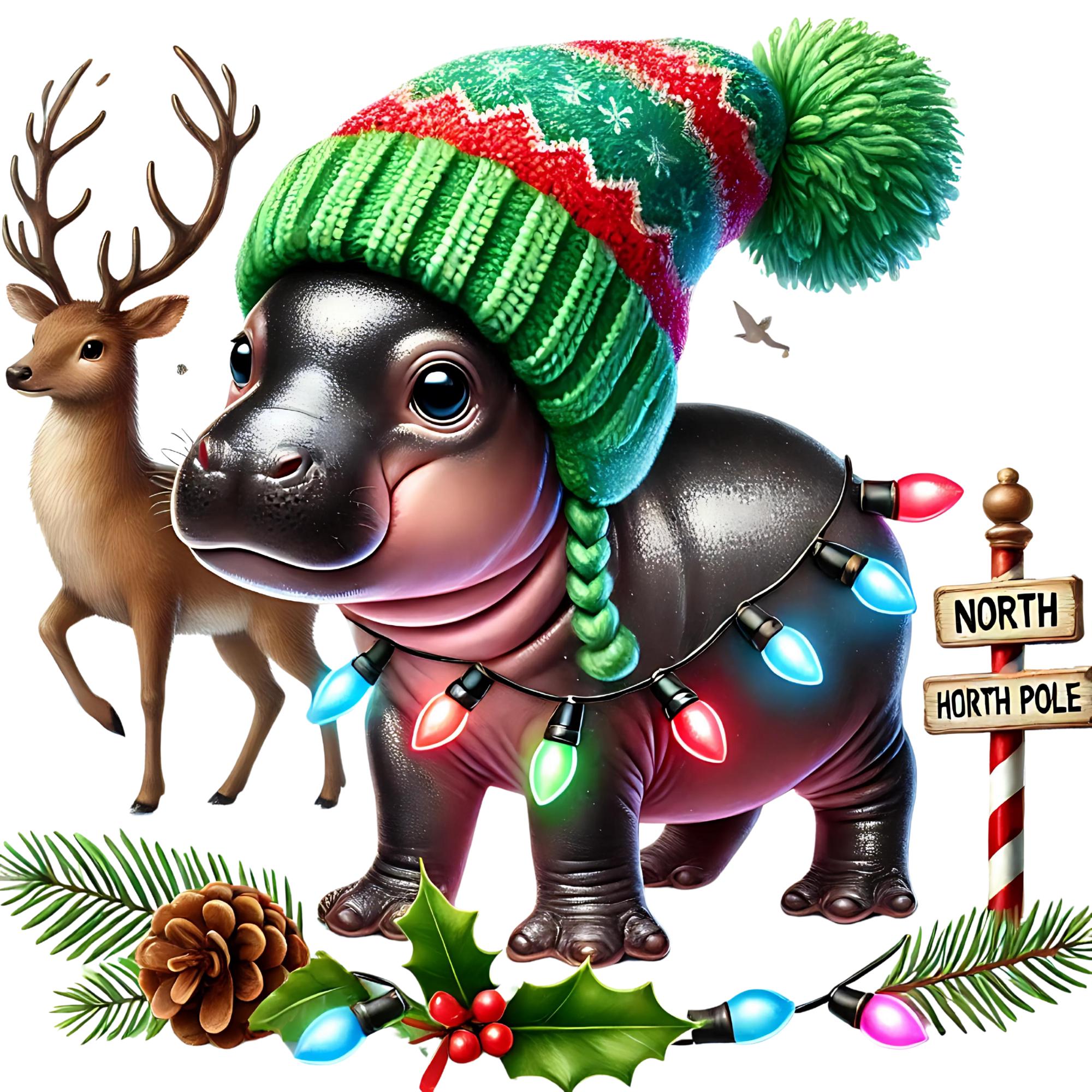 Christmas Moo Deng Clipart – 10 PNG Watercolor Set for Holiday Crafts ...