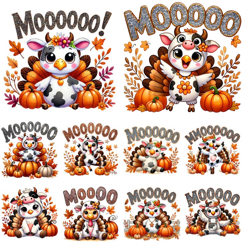 Cow Turkey Thanksgiving Clipart - Cute Fall Sublimation PNG, Farm ...