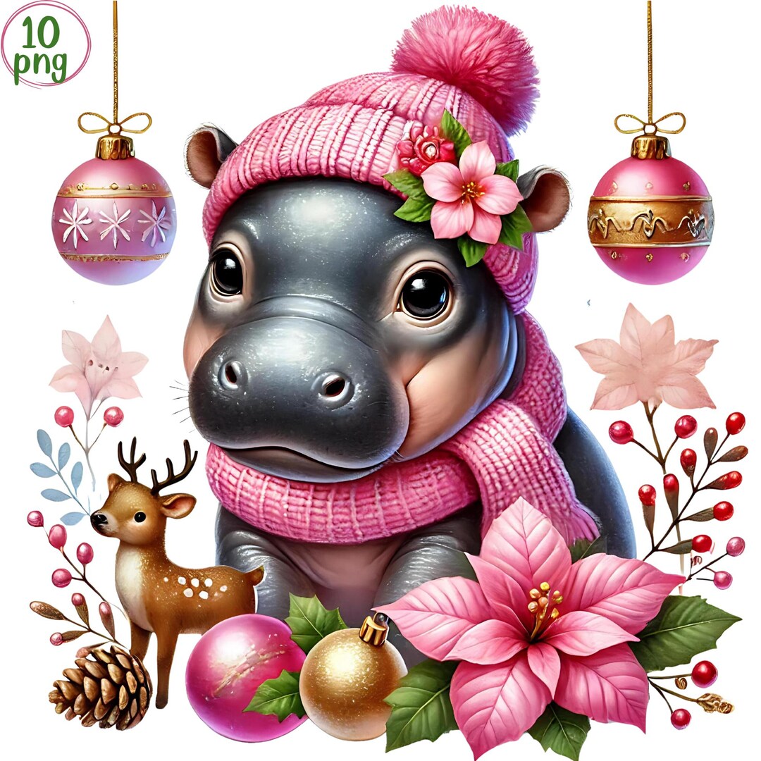 Christmas Moo Deng Clipart – 10 PNG Watercolor Set for Holiday Crafts ...