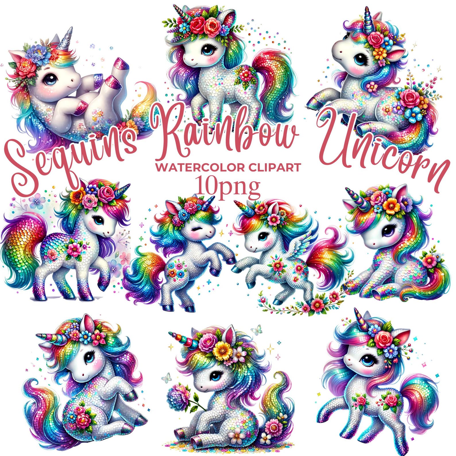 Rainbow Unicorn Clipart – 10 PNG Watercolor Set for Kids Crafts, Party ...