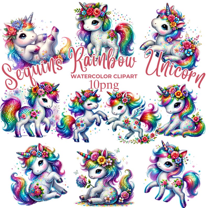Rainbow Unicorn Clipart – 10 PNG Watercolor Set for Kids Crafts, Party ...