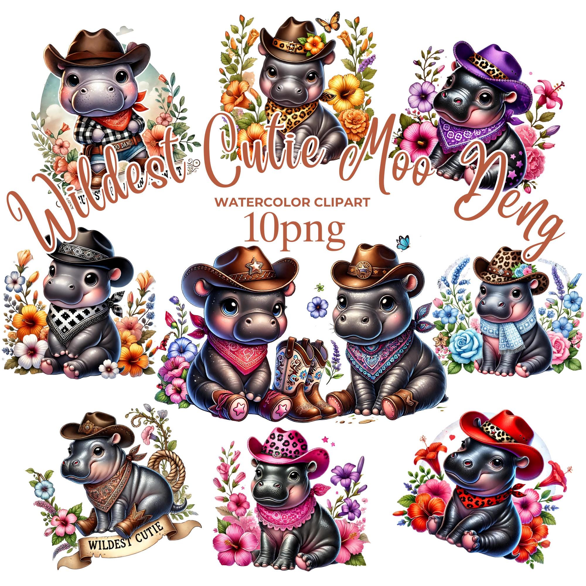 Cowboy Moo Deng Clipart – 10 PNG Watercolor Set for Western Crafts ...