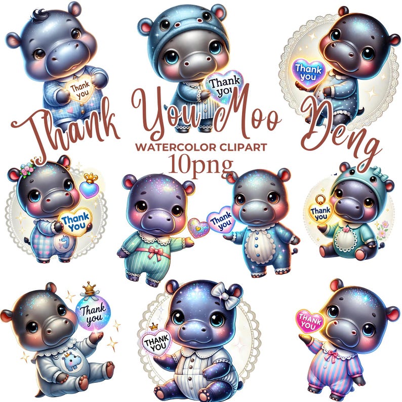 Thank You Moo Deng Clipart – 10 PNG Watercolor Set for Cards, Crafts ...
