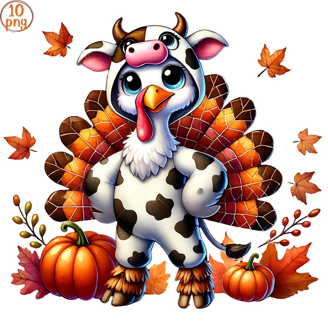 Moo Cow Turkey Clipart | 10 PNG Thanksgiving Sublimation | Fall Farm ...