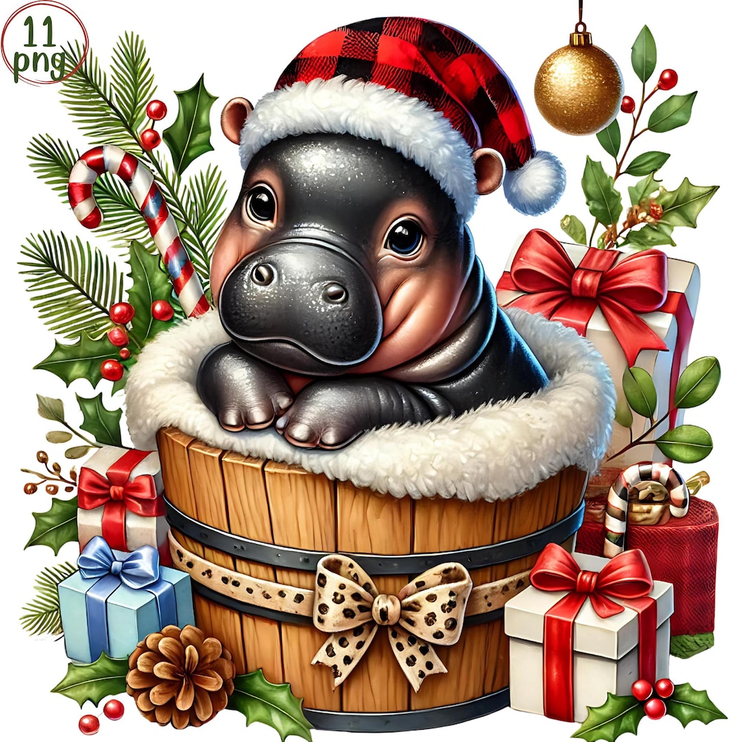 Christmas Bucket Moo Deng Clipart – 11 PNG Watercolor Set for Holiday ...
