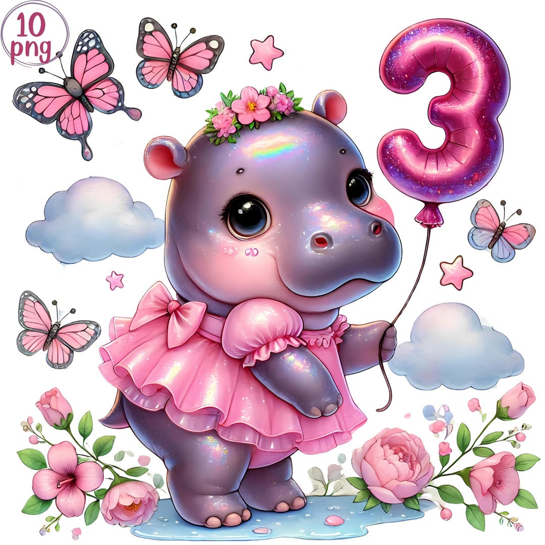 Birthday Moo Deng Clipart – 10 PNG Watercolor Set for Party Crafts ...