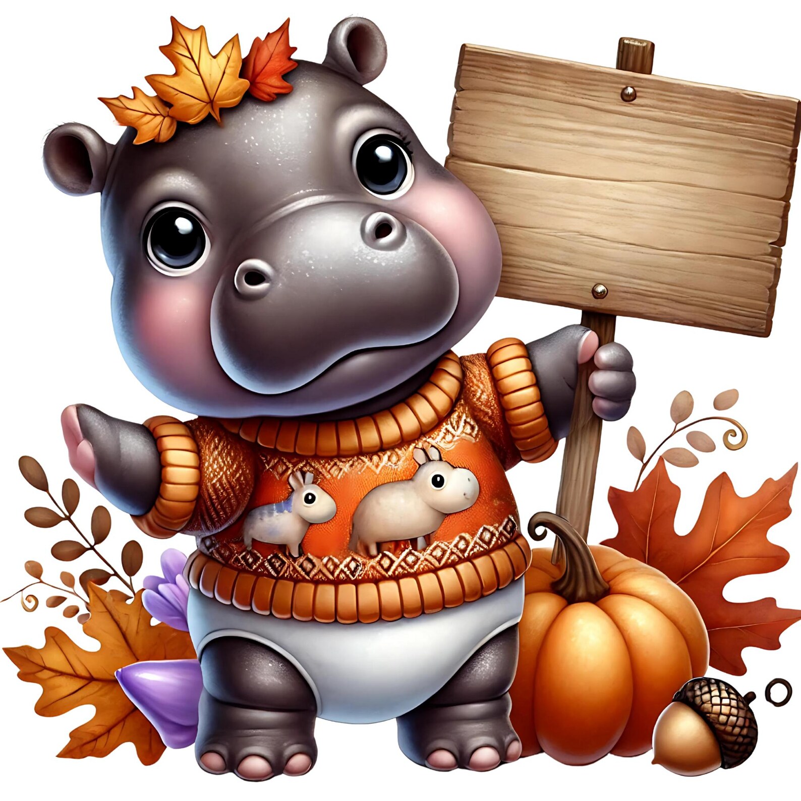 Fall Moo Deng Wood Sign Clipart – 10 PNG Watercolor Set for Autumn ...
