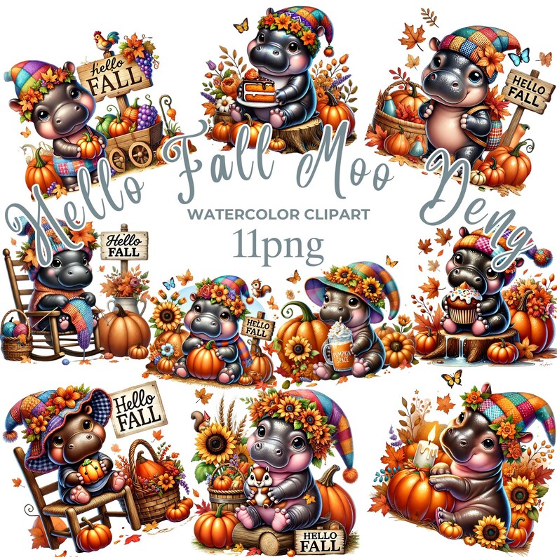 Fall Hippo Watercolor Clipart – Autumn PNG Set (digital Download) - Etsy