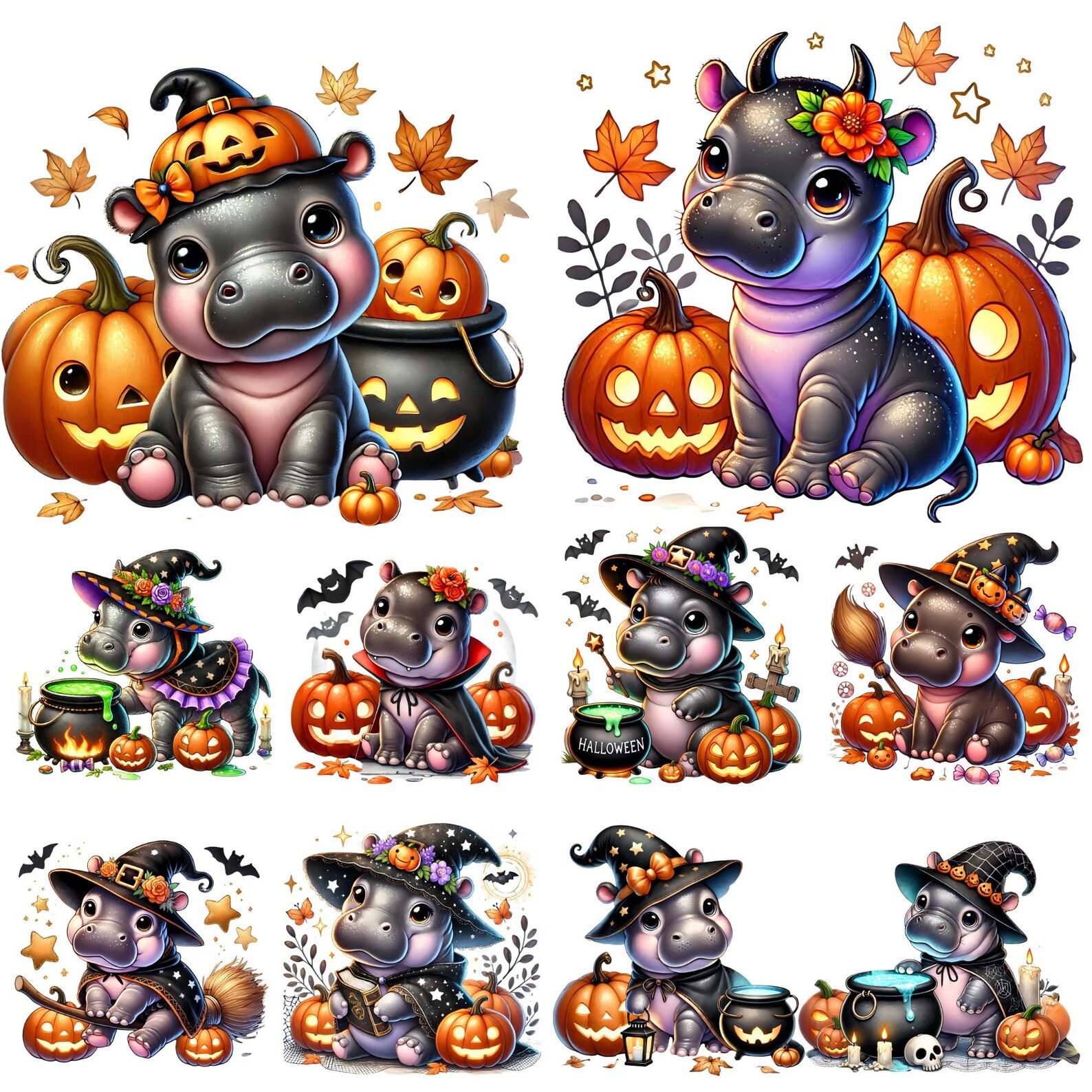 Watercolor Halloween Hippo Clipart – Spooky PNG Set (digital Download ...
