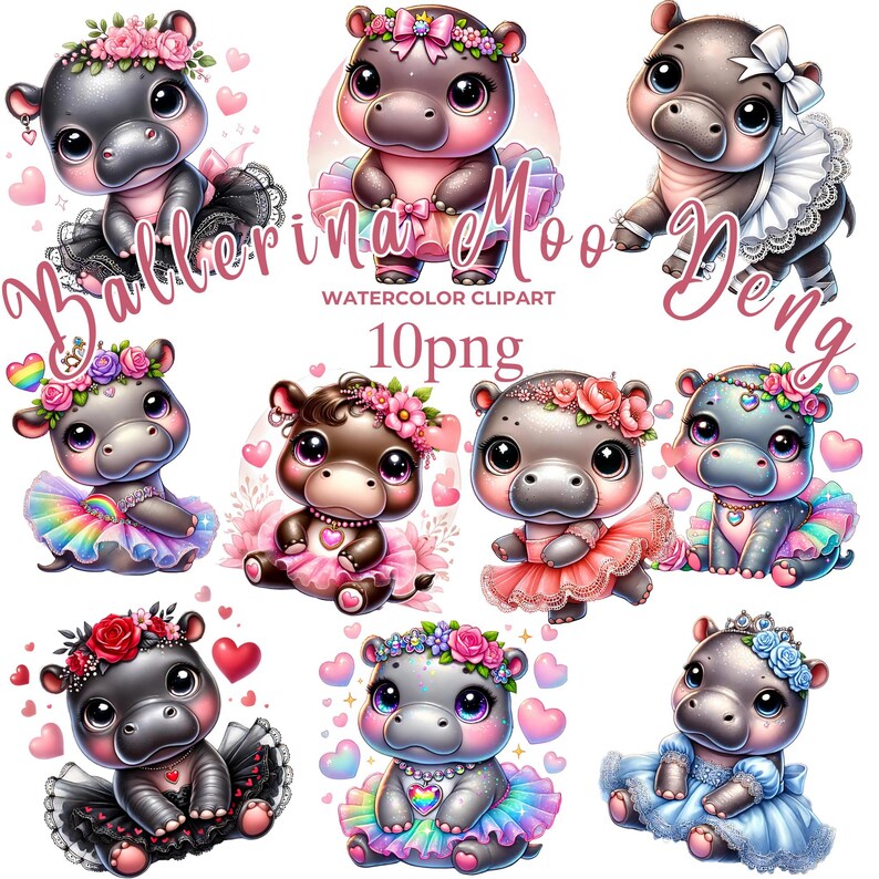 Ballerina Moo Deng Clipart – 10 PNG Watercolor Set for Dance Crafts ...