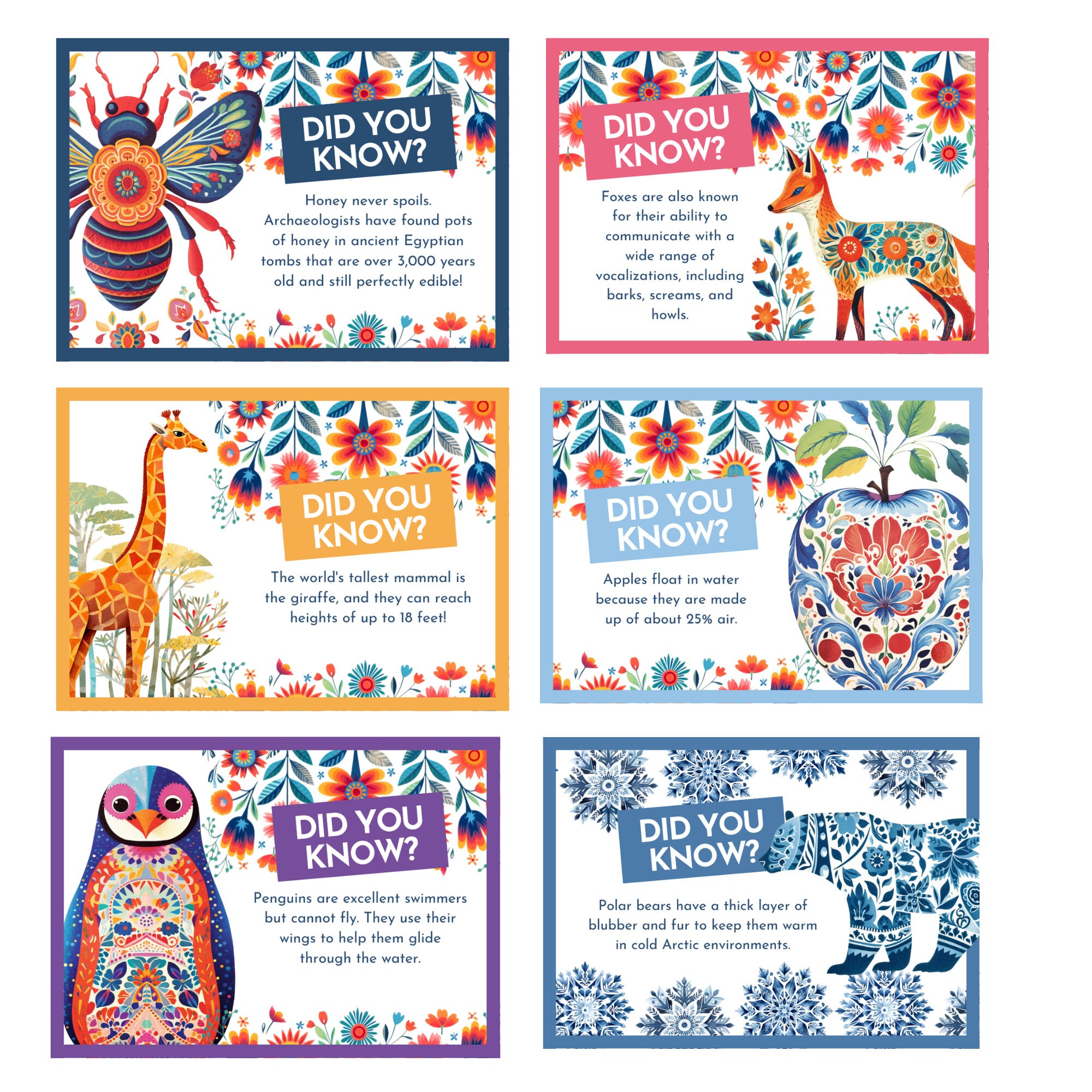 Printable Fun Facts Colorful Lunch Box Note Cards Set of 20 - Etsy