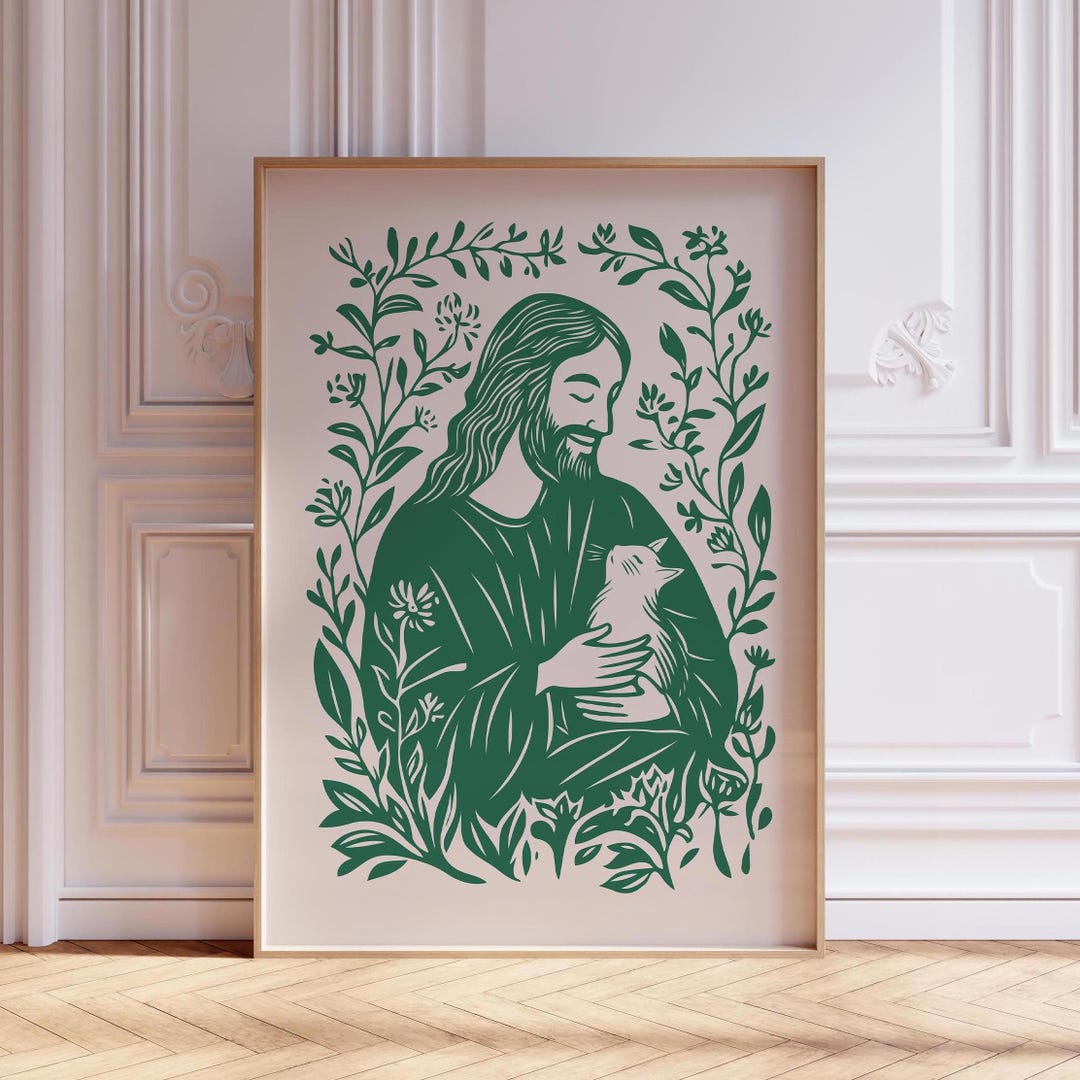 Green Jesus With Cat Print, Christian Jesus Poster, Bible Art, Jesus ...