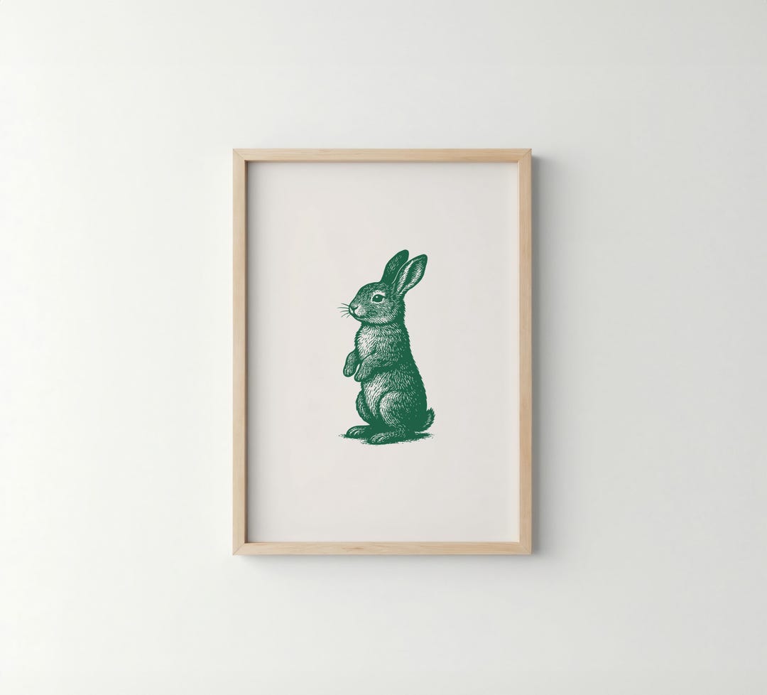 Emerald Green Rabbit Line Art Print: Minimalist Easter Wall Decor ...