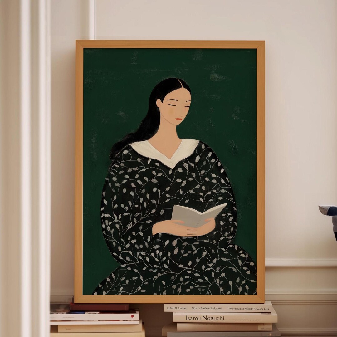 Lady Reading in Library Art Print: Modern Green Home Decor (digital ...