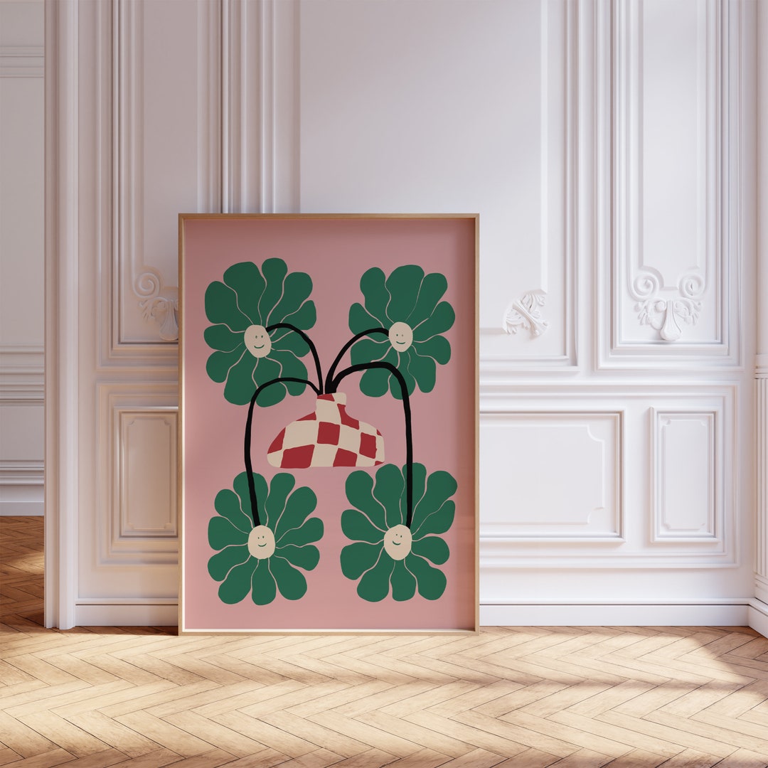 Green Funky Flower Wall Art, Retro Floral Poster, Colorful Hippie ...