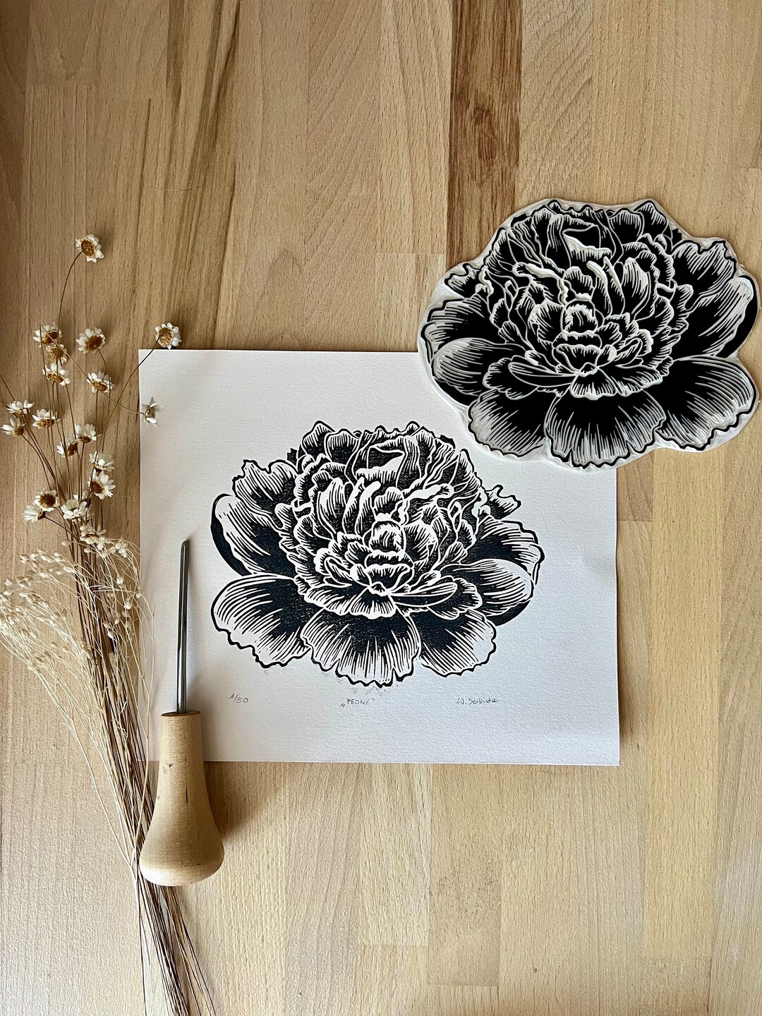 Graphics Linocut Peony Peony Linocut Flower Original Art - Etsy