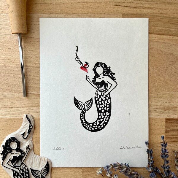 Mermaid Linocut - Etsy