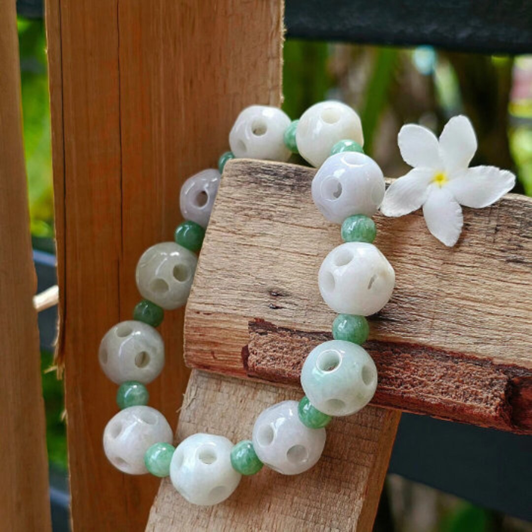 Burmese Jade Bracelet Carved Rattan Ball Shape White Green Carving Work ...