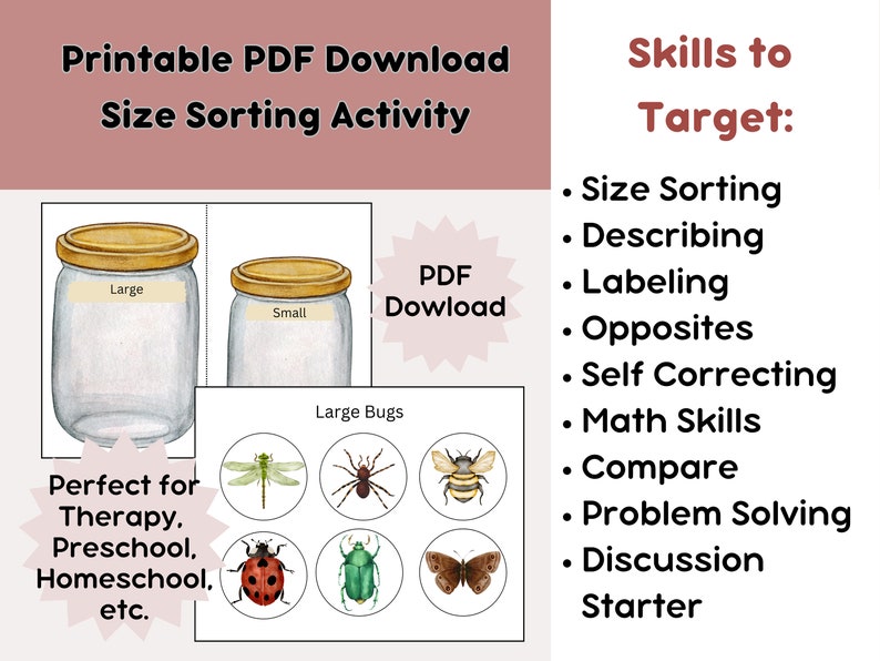 24 Bug Size Sorting Activity, Montessori Style, Preschool Math, Speech ...